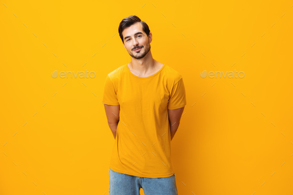Copy man gesture smiling portrait laughing trendy style fashion studio ...