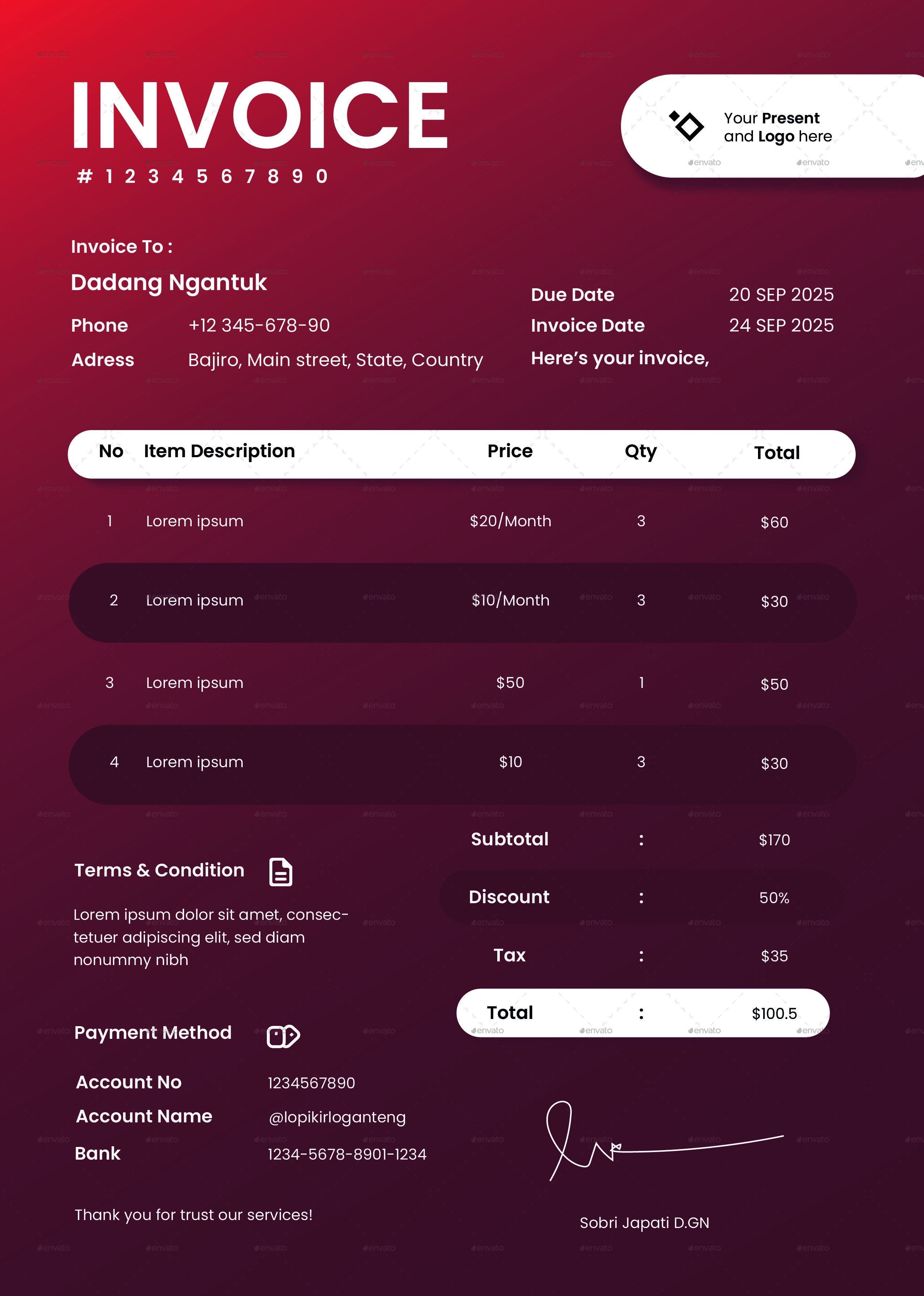 Gradient Online Learning Class Invoice, Print Templates | GraphicRiver