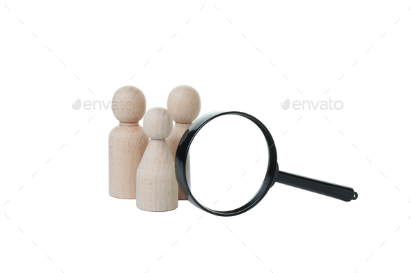 PNG, Magnifying glass and wooden figures, isolated on white background ...