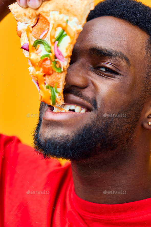 happy man meal fast pizza delivery smile black food masculine ...