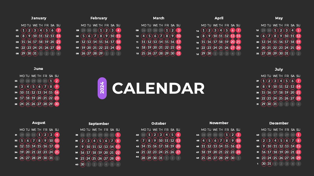 Calendar 2024 PowerPoint Presentation Template, Presentation Templates