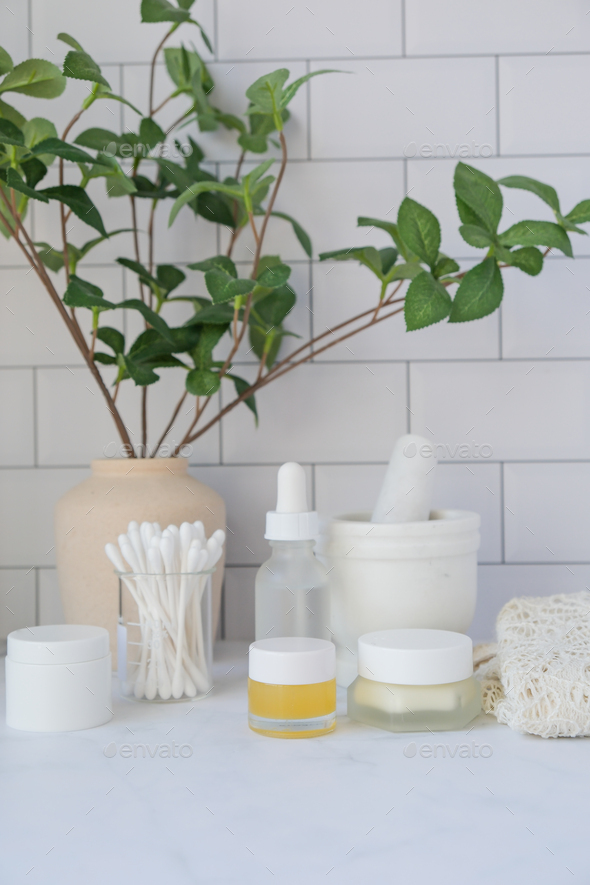 Set of beauty skincare with pestle and mortar. Natural skin care ...