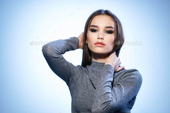 beautiful woman bright makeup gray jacket attractive look luxury model ...