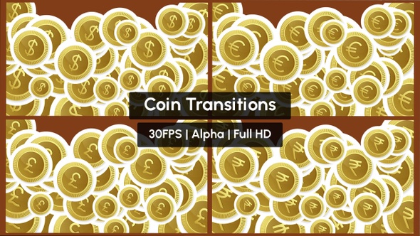 Currency Coins Transitions Pack Dollar, Euro, Pound, Rupee, Motion Graphics