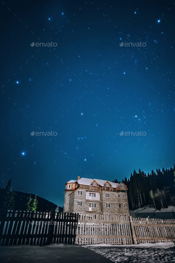 House with blue starry sky at night Stock Photo by AFGreen | PhotoDune