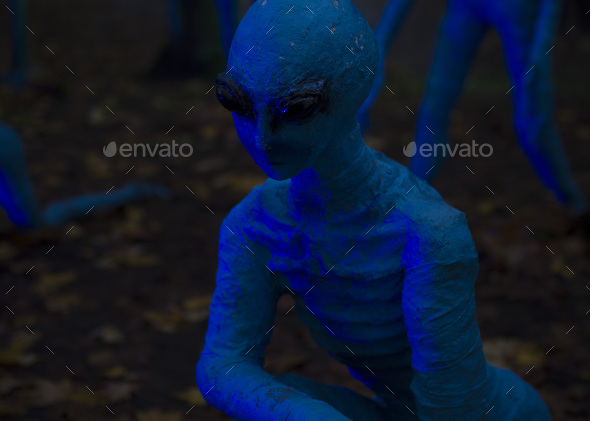 Halloween decoration, bright blue aliens on dark night background Stock ...