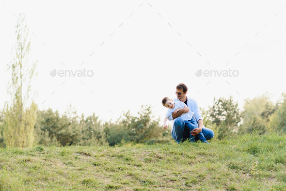 Happy time with father. Family fun concept. Bearded man and cute son ...