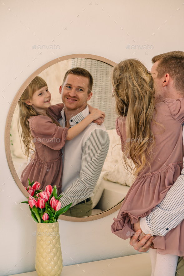 happy father with daughter reflection in the mirror Stock Photo by ...