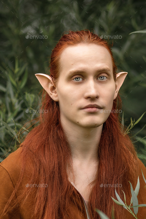 Artistic elf man with red hair and green eyes in the forest Stock Photo ...