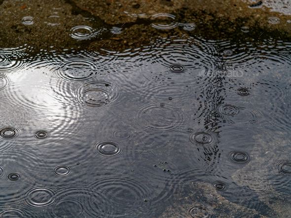 Raindrops falling into small puddle on the sidewalk on rainy day Stock ...