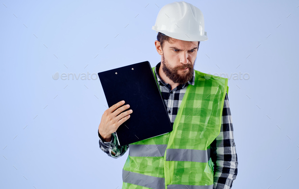 man in builder uniform white helmet professional construction work ...