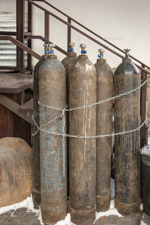 Close-up of steel cylinders with compressed gas - argon, carbon dioxide ...