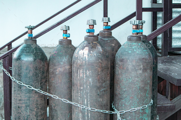 Close-up of steel cylinders with compressed gas - argon, carbon dioxide ...