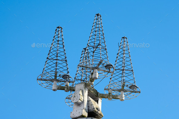 Mast of ship with navigation equipment, bottom view Stock Photo by ...