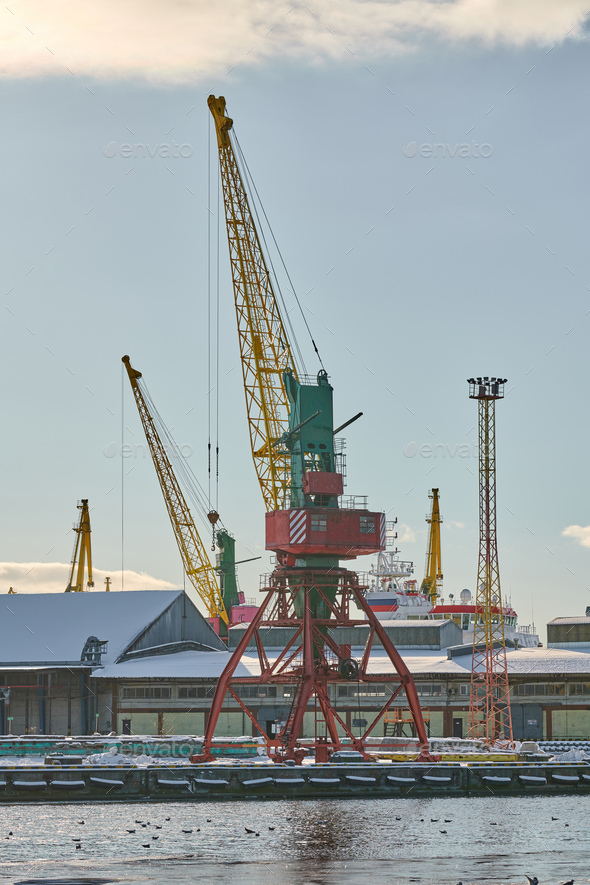 Harbor cranes, container ship terminal, cargo container yard Stock ...