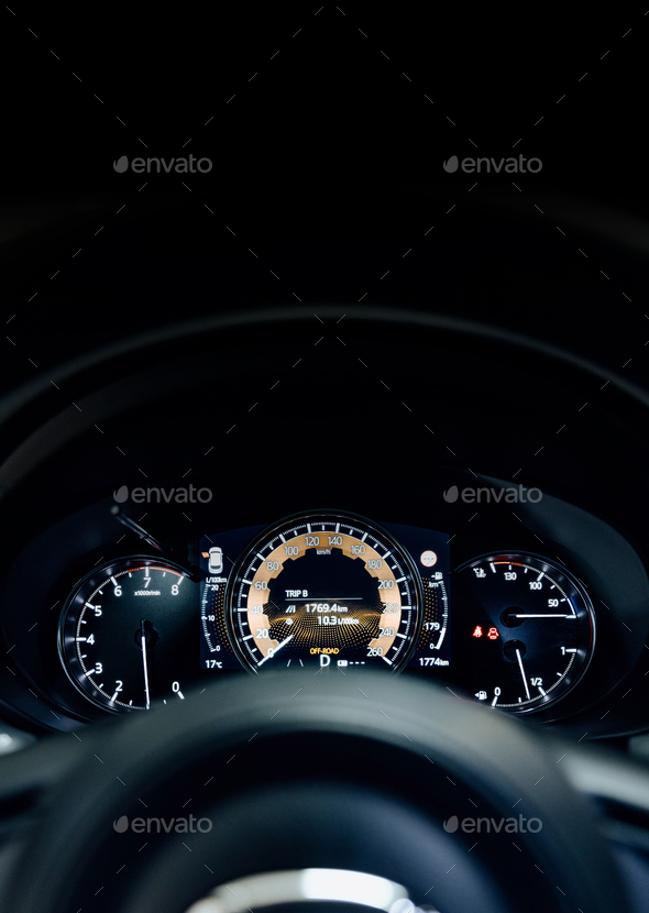Car Dashboard of modern Automobile control illuminated panel speed ...