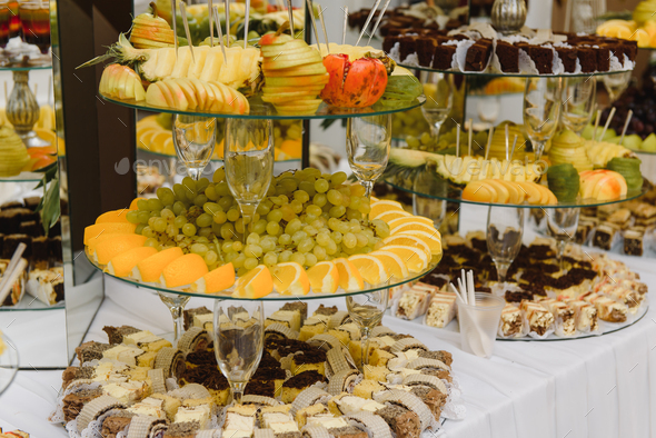 desserts with fruits, mousse, biscuits. Different types of sweet ...