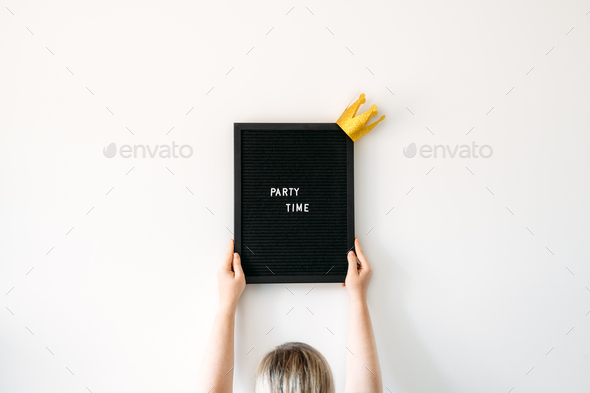 Party time fun celebration event minimal concept hands with blackboard ...