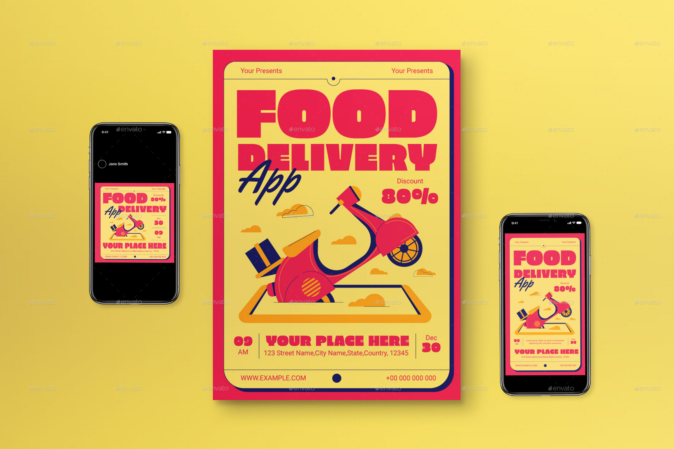 Cream Flat Design Food Delivery App Flyer Set, Print Templates ...