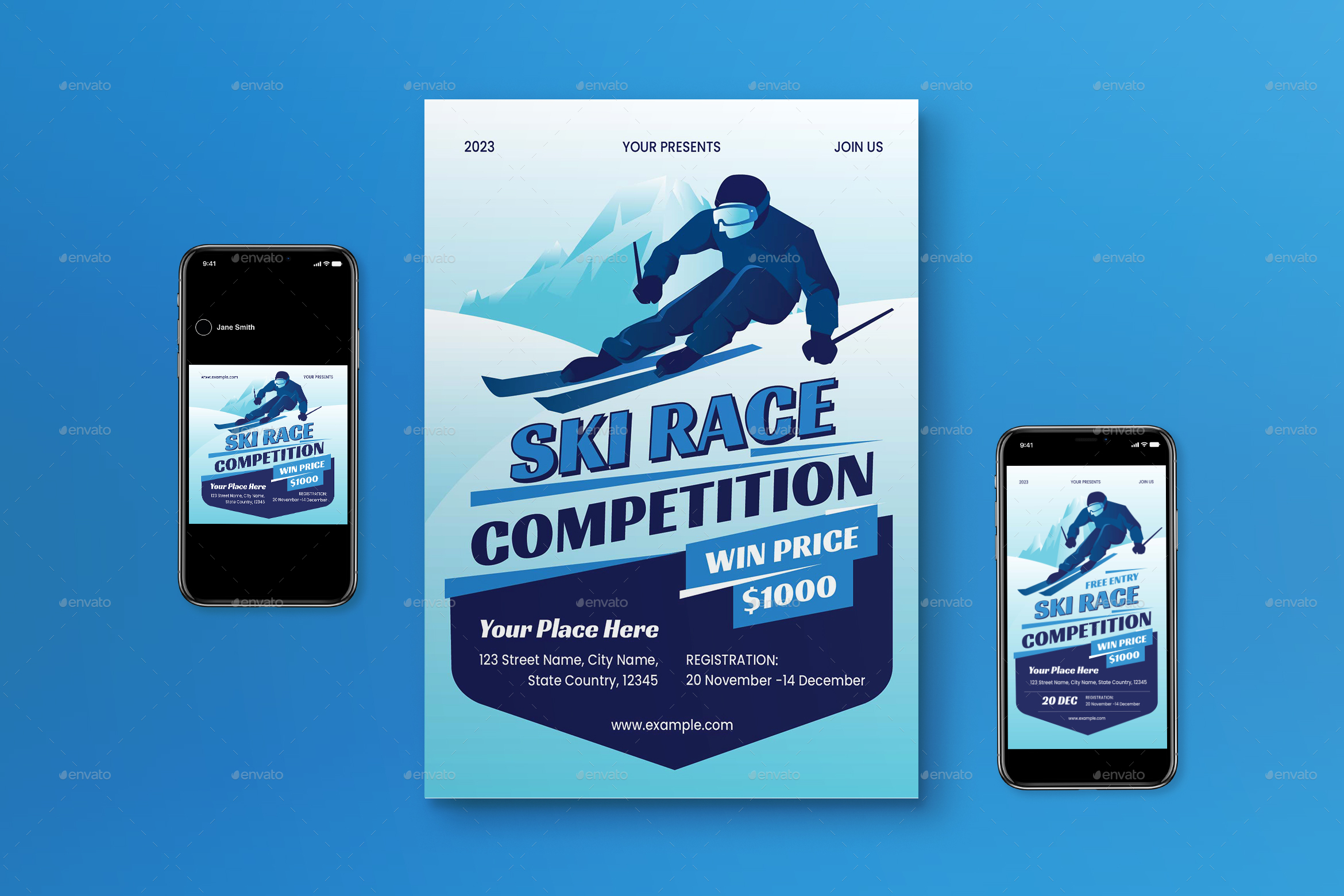 Blue Retro Ski Race Competition Flyer Set, Print Templates | GraphicRiver