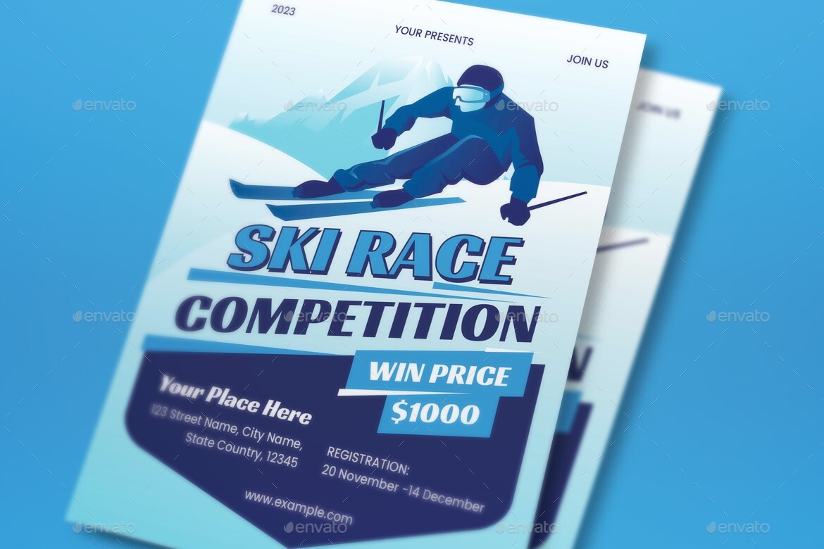 Blue Retro Ski Race Competition Flyer Set, Print Templates | GraphicRiver