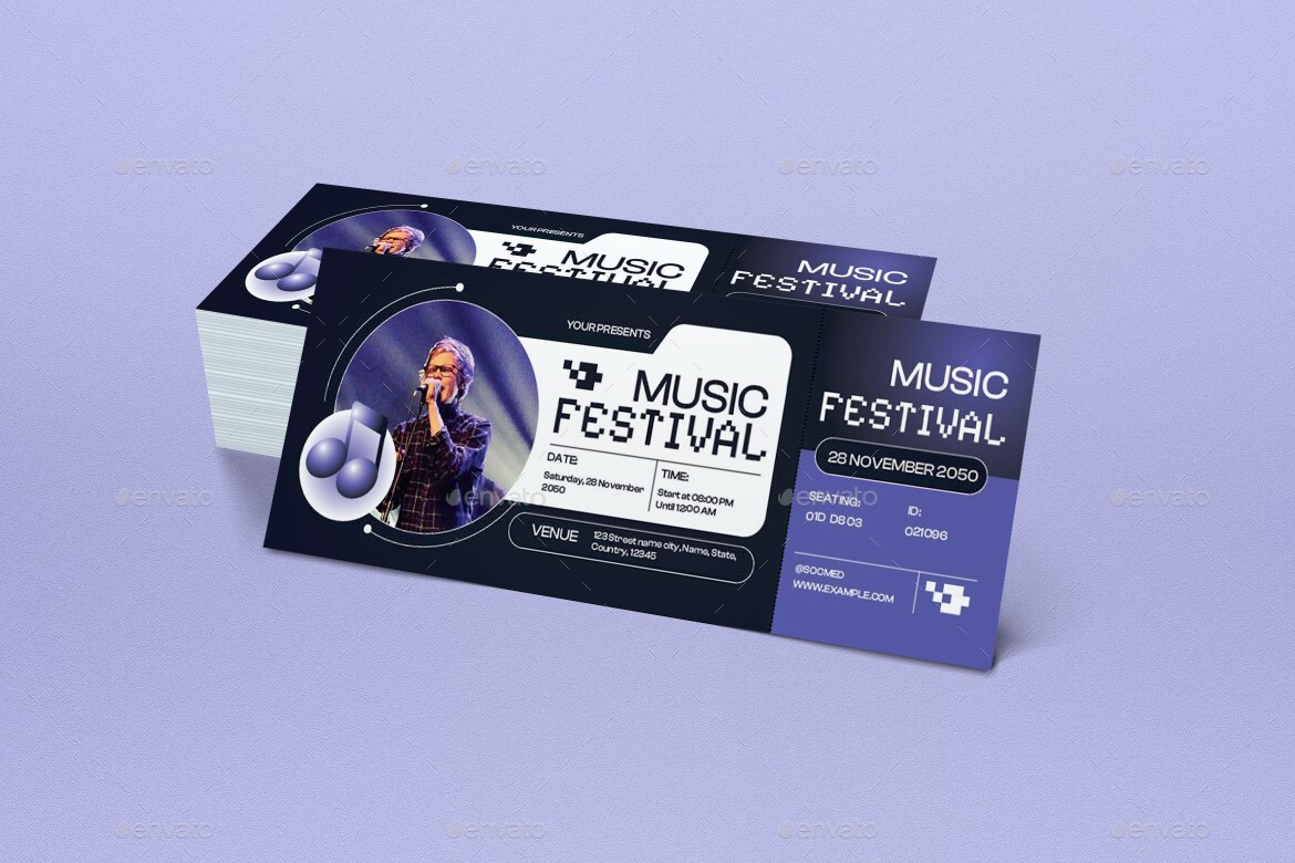 Pink Purple 3D Ticket Music Festival, Print Templates | GraphicRiver