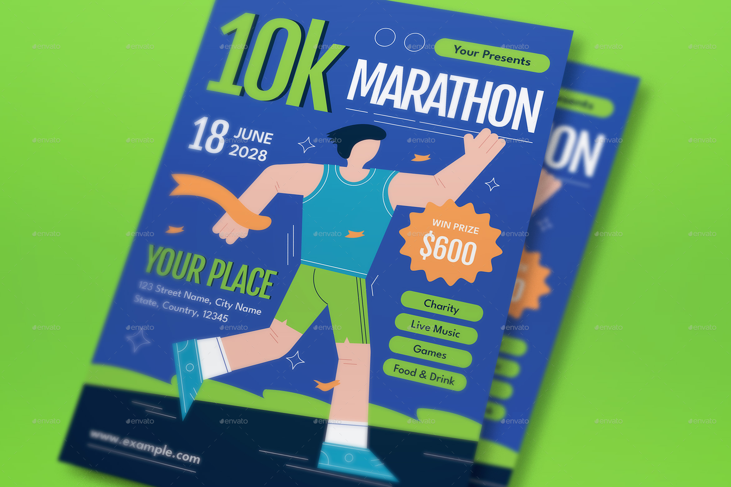 Blue Hand Drawn 10k Marathon Flyer Set, Print Templates | GraphicRiver