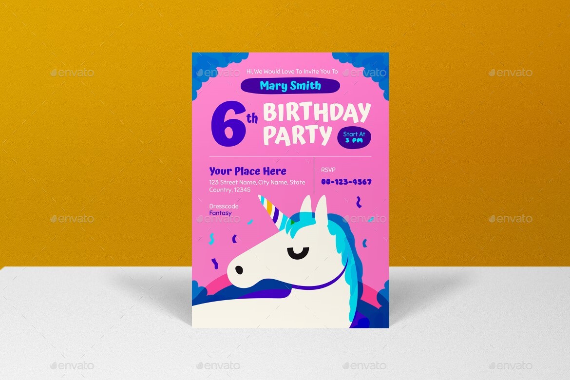 Pink Aesthetic Kids Birthday Invitation, Print Templates | GraphicRiver