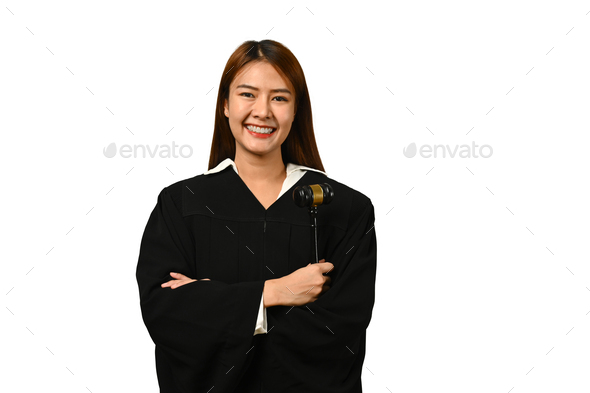 Portrait of judge dressed in robe gown uniform with gavel hammer mallet ...