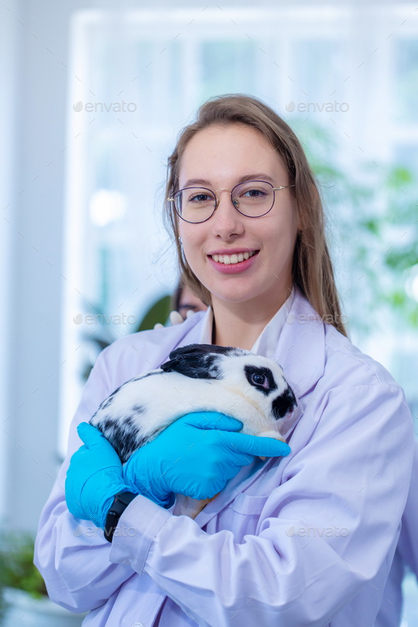 Scientist or pharmacist holding cute fluffy Bunny in laboratory. Friendship with Easter Bunny ...