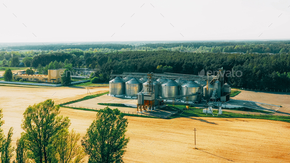 Aerial Elevated Top View Modern Granary, Grain-drying Complex, Stock ...