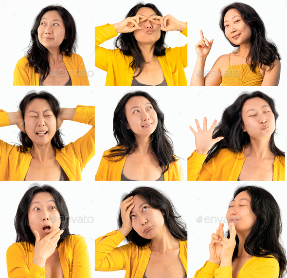 Set of different facial expressions and gestures of a middle-aged Asian ...