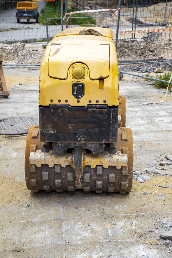 Small Trench roller with remote control at the construction site Stock ...