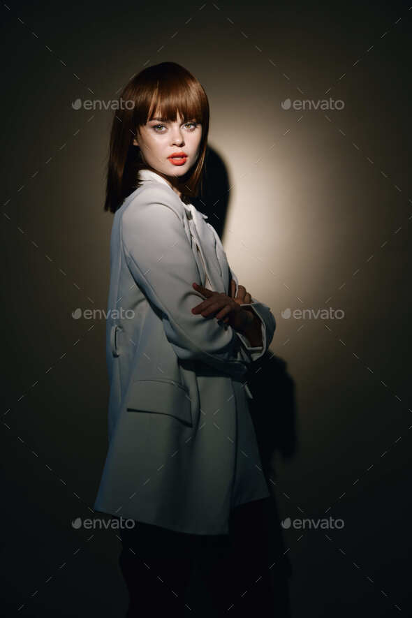 Photo studio charming model bright cloak casual wear cropped view Stock ...