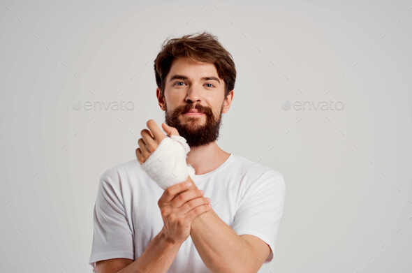 male patient bandaged hand injury to fingers hospitalization isolated ...