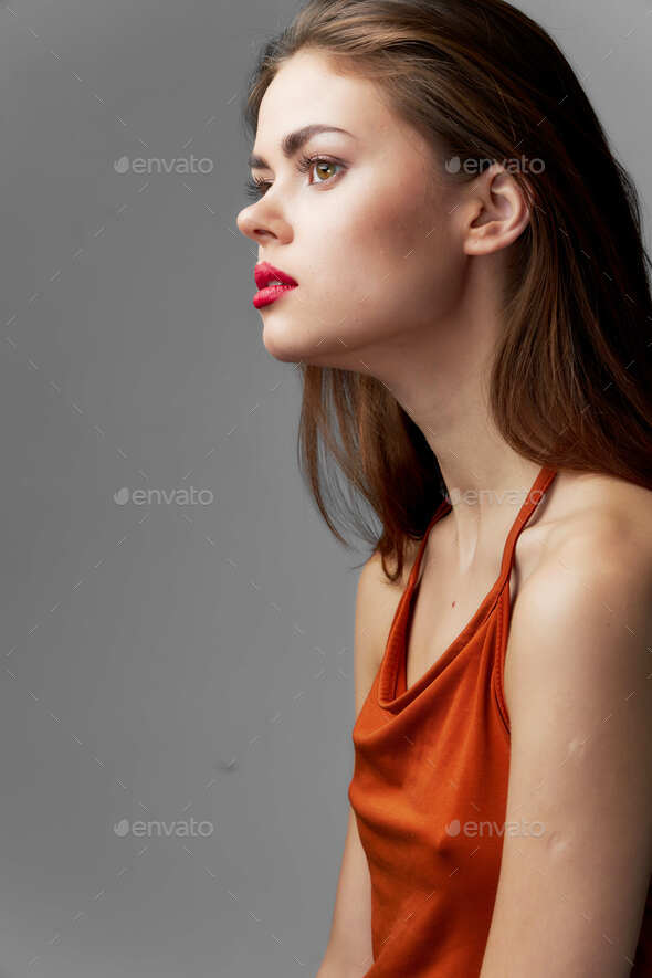 Beautiful woman side view red lipstick cosmetics luxury Stock Photo by ...