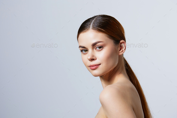 portrait woman bare shoulders pure skin light background Stock Photo by ...