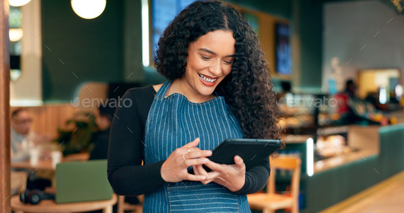 Coffee shop, happy waitress and tablet for restaurant sales, online ...