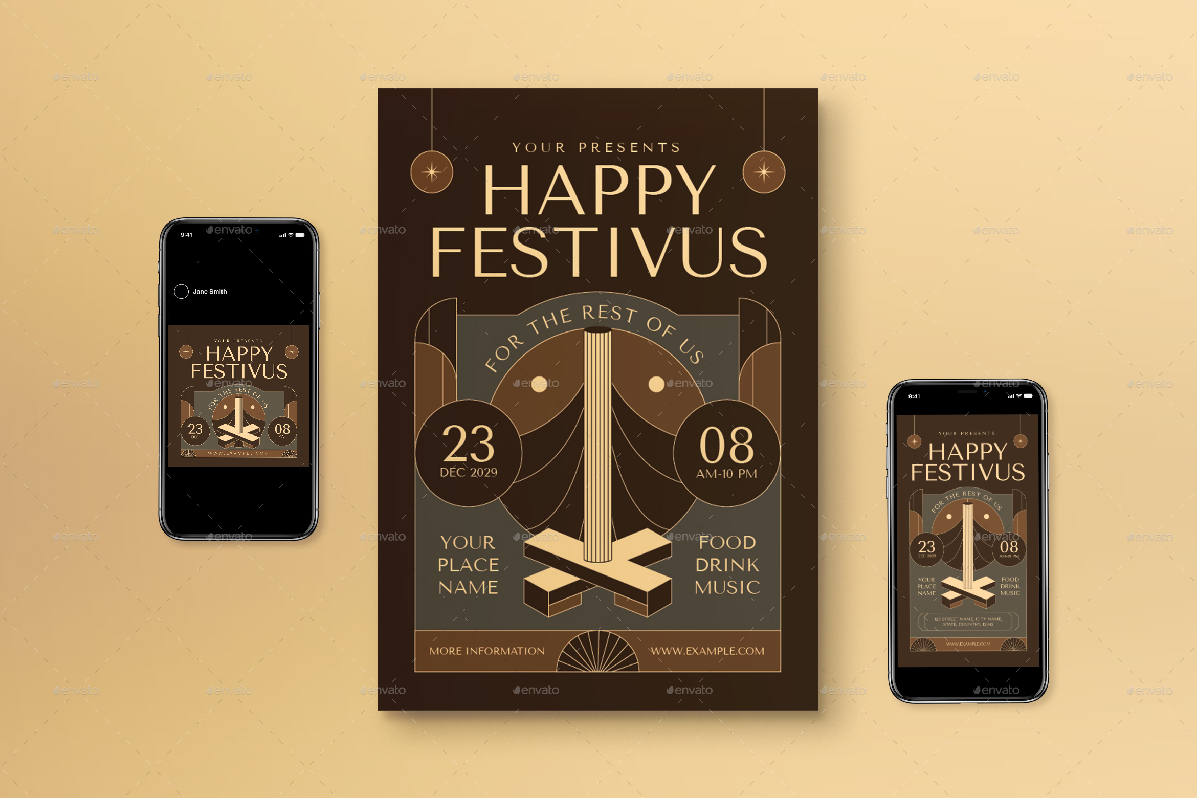 Brown Art Deco Festivus Flyer Set, Print Templates | GraphicRiver