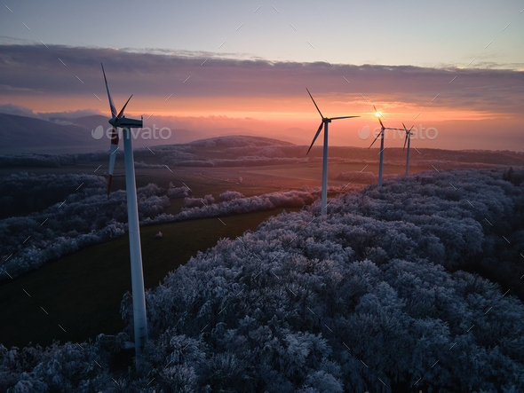Aerial landscape photography of sunrise over frost-covered nature with ...