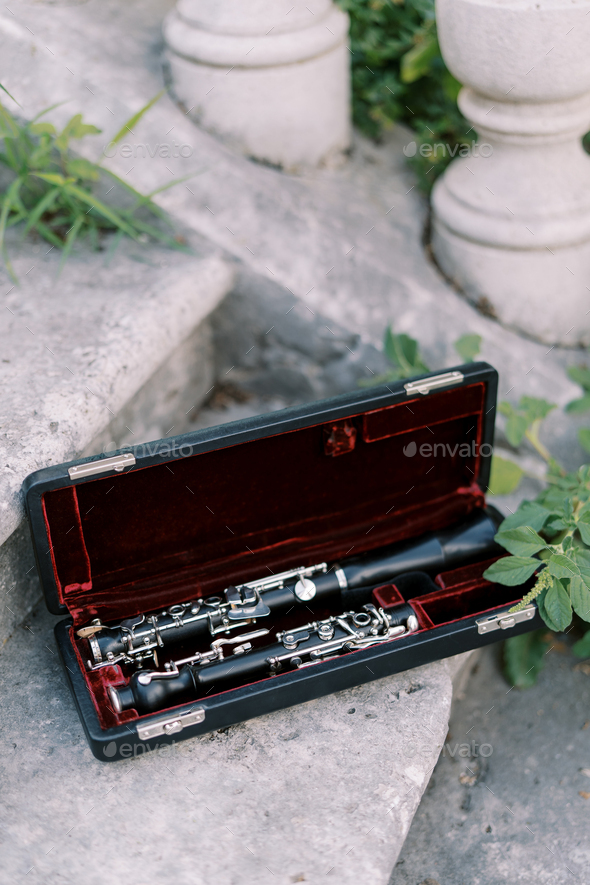 Clarinet in a box stands on the stone steps of a building Stock Photo ...