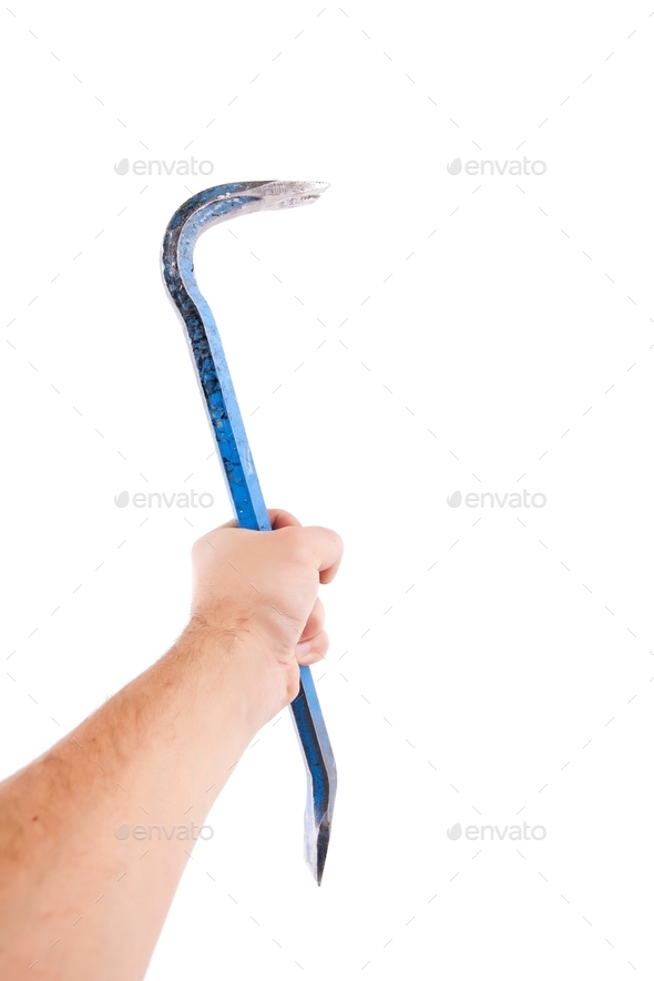 Vertical shot of a man's hand holding a blue rigged crowbar with a ...