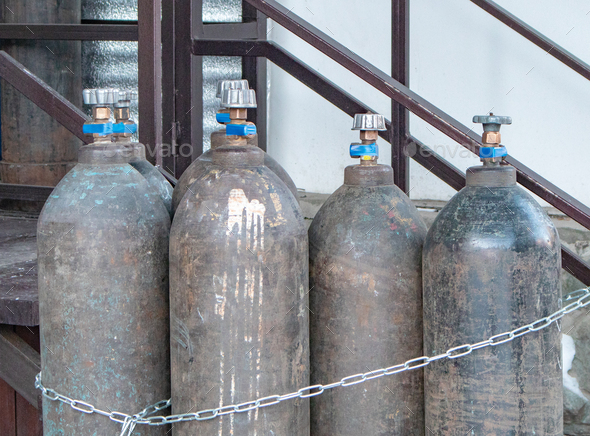 Close-up of steel cylinders with compressed gas - argon, carbon dioxide ...