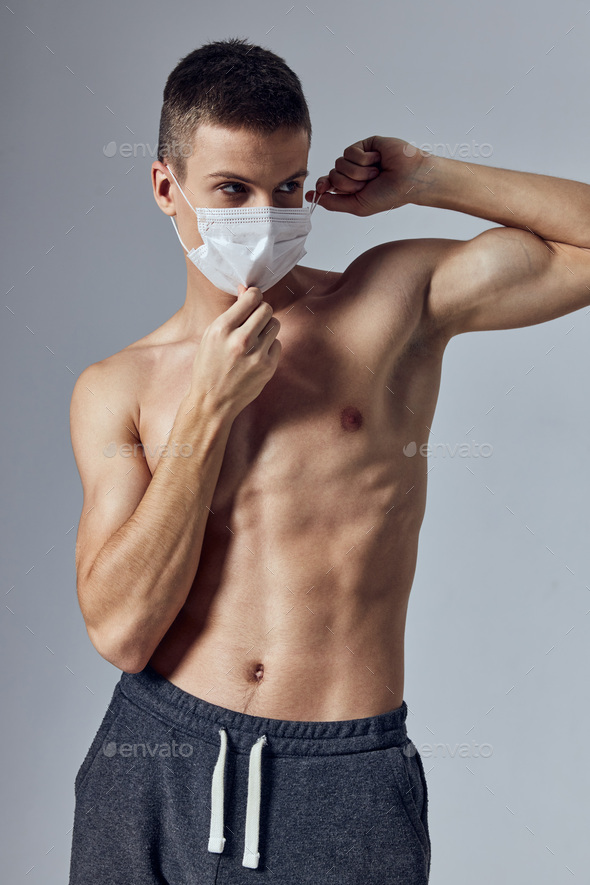 sport guy medical mask health protection inflated body isolated ...