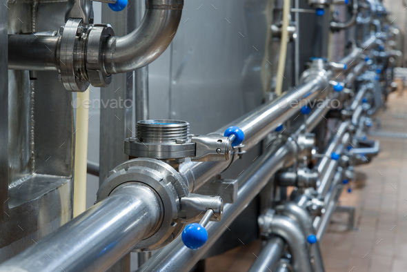 Industrial stainless steel pipework. Metal pipes, element of equipment ...