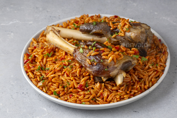 Turkish food; Lamb on barley noodle. Turkish name; Ankara Tava or ...