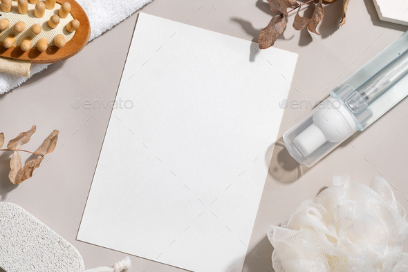 Round frame with bath products: soap, brush, skin foam, sponge and ...