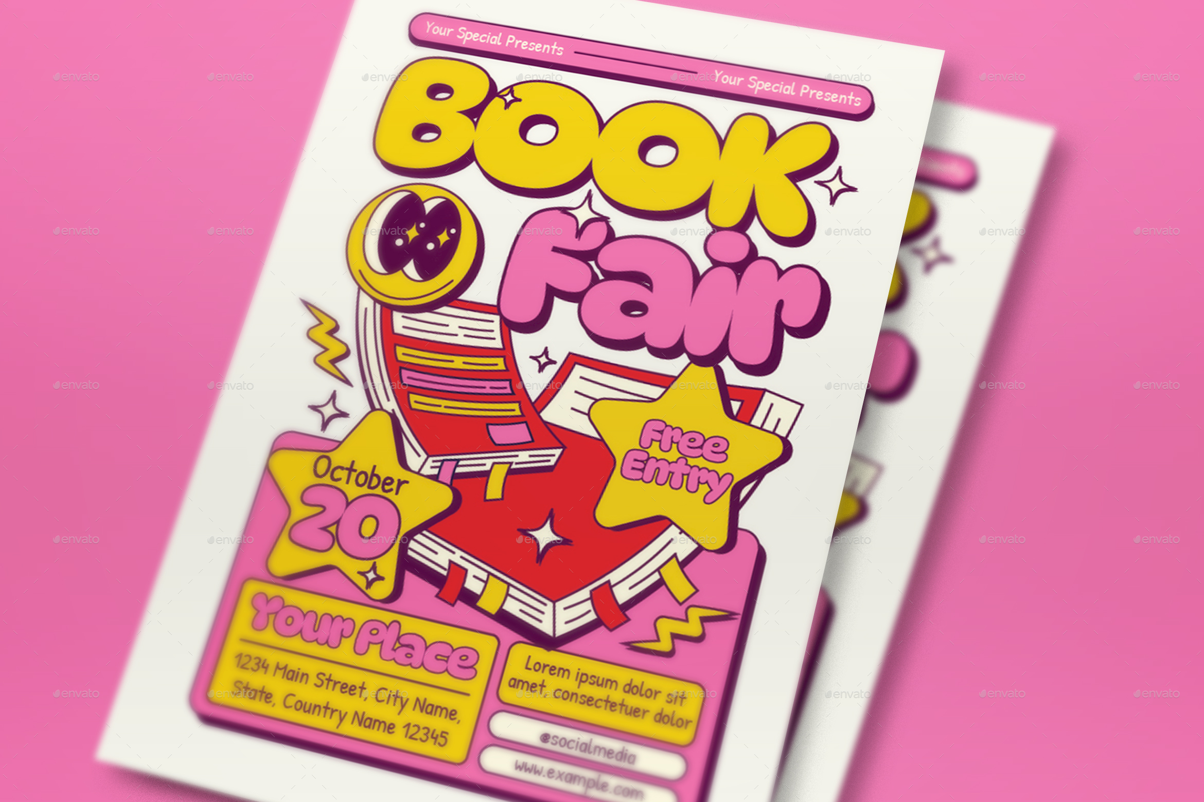 Colorful 70's Book Fair Flyer Set, Print Templates | GraphicRiver