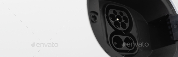 Type 2 CCS plug port on electric vehicle. DC - CCS type 2 EV charging ...