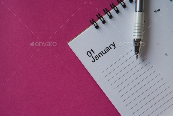 Time line. January calendar and a pen over vivid background Stock Photo ...